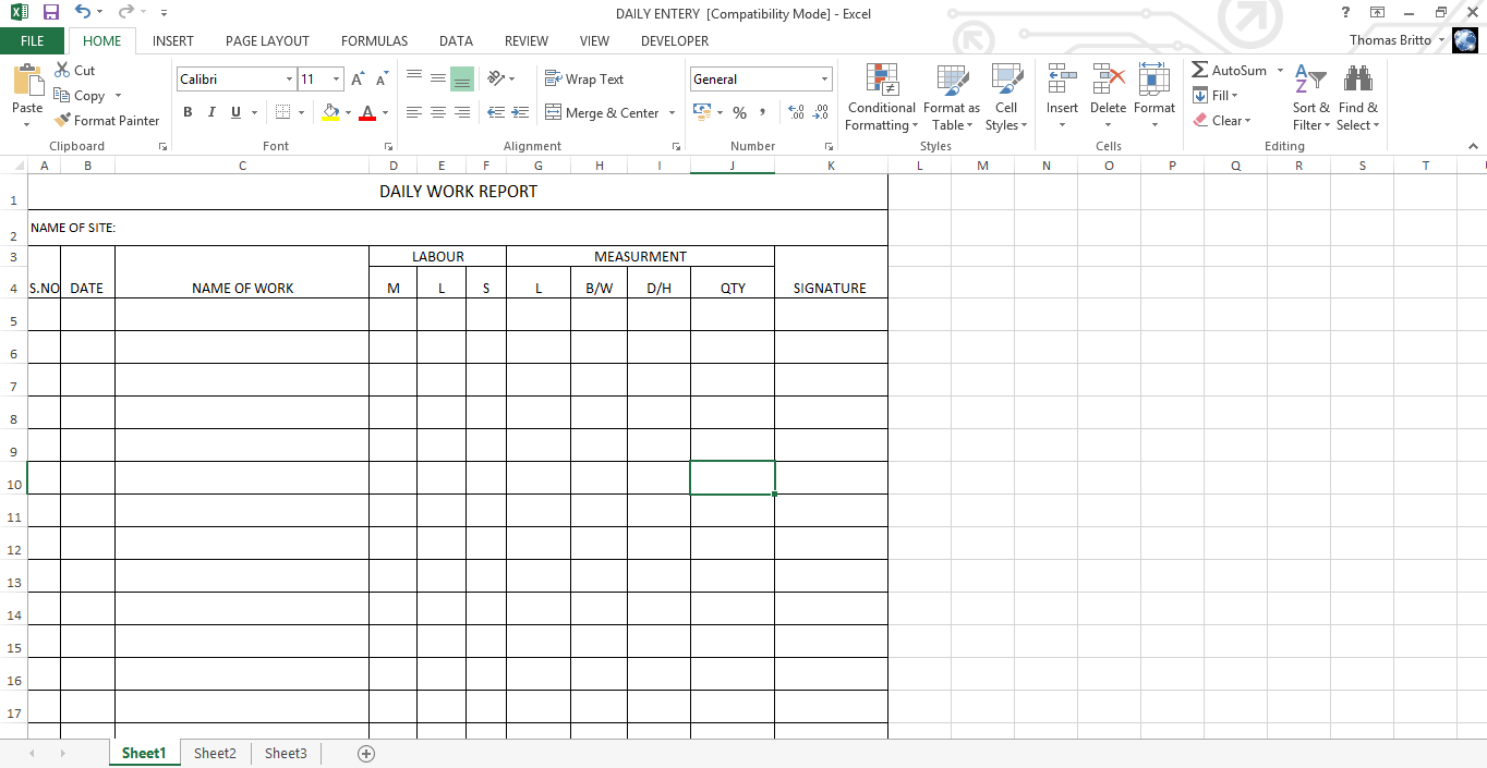 Daily Work Report Excel Sheet