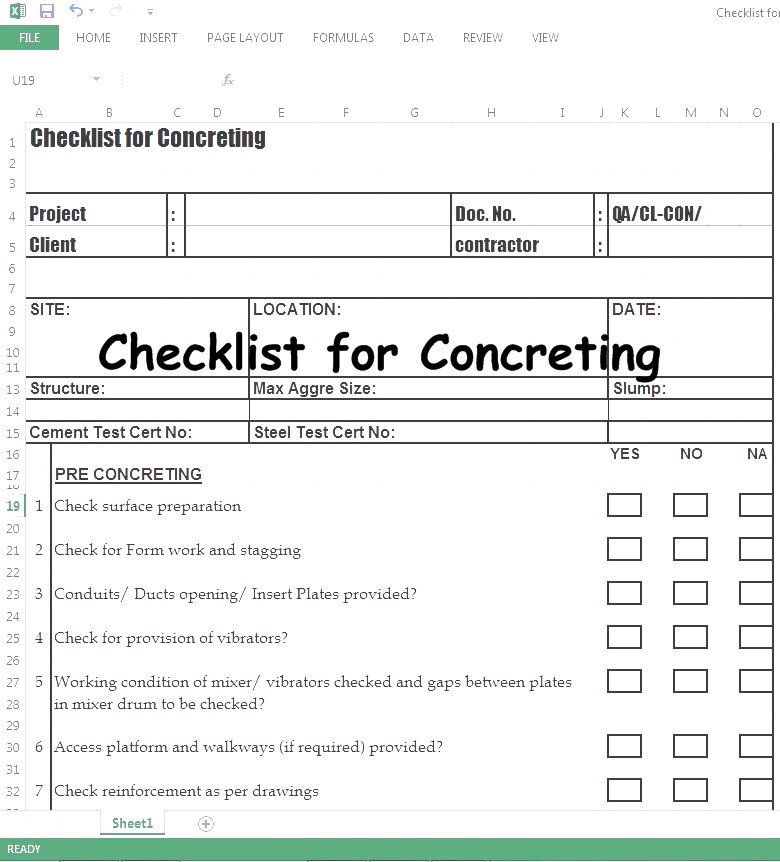 Checklist for Concreting Excel Sheet